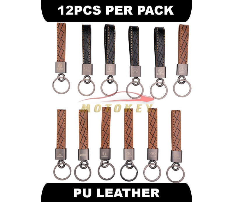 12 Pcs Metal Leather Car Brand Keychain Pack - Double Keyring